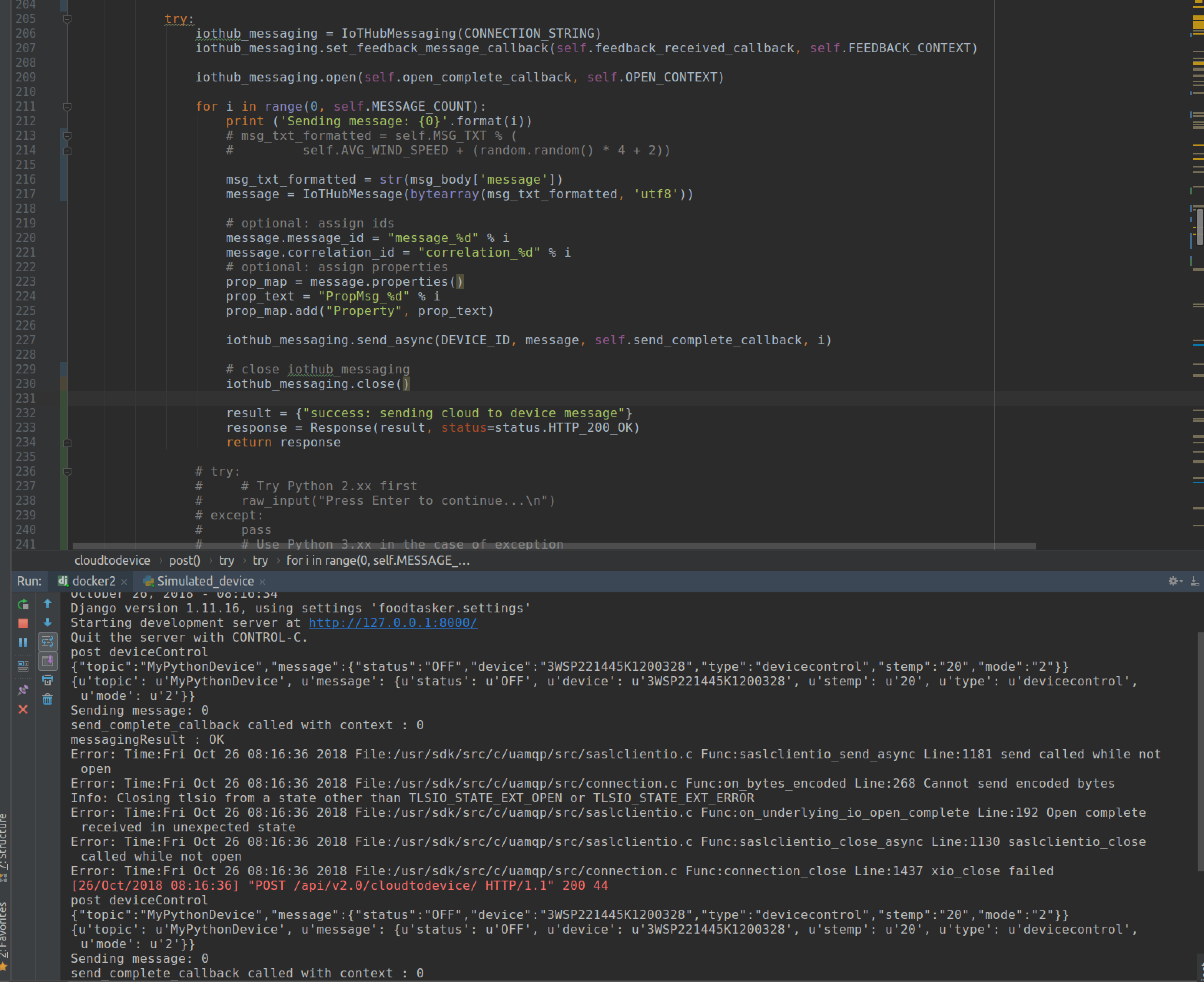 AZ IoT C2D get lots of errors from C library when send messages via Django server · Issue #223 ...