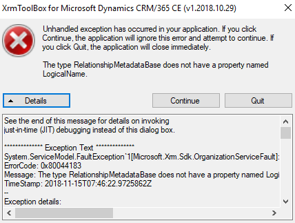[Critical] Metadatabrowser giving exception at the load entities · Issue #17 · MscrmTools ...