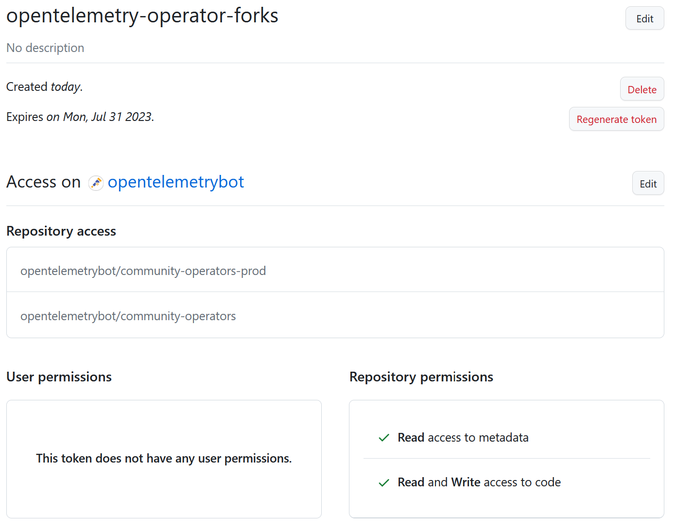 Convert OPENTELEMETRYBOT_GITHUB_TOKEN org secret to fine-grained PAT · Issue #1549 · open ...
