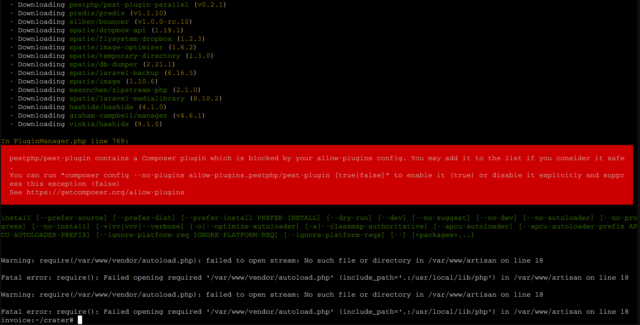 Plugin-Manager pestphp blocked by allow-plugins during docker setup.sh · Issue #1006 · crater ...