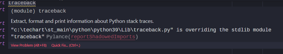 Pylance(reportShadowedImports) links to anchor that does not exist on ...