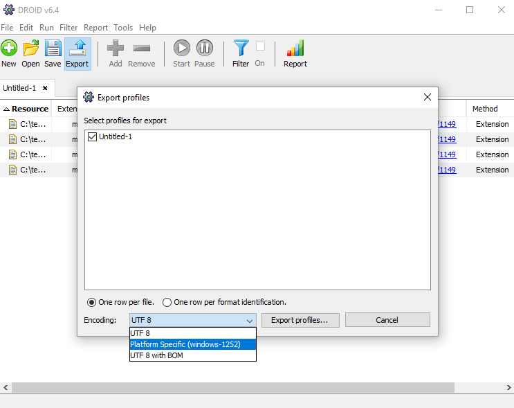 Unable to select any option other than UTF-8 for encoding in the 'Export profiles' dialog ...