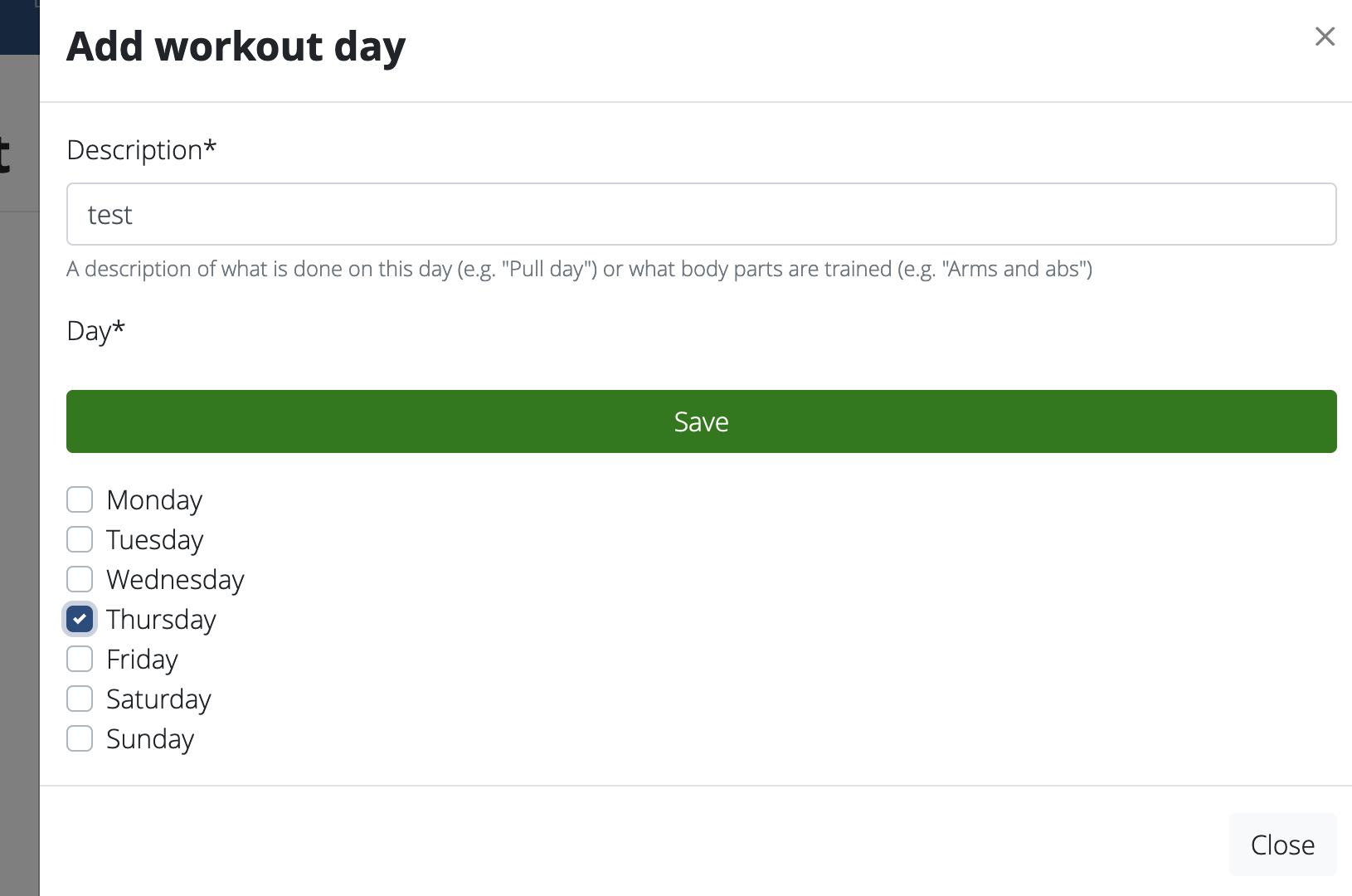 Checkboxs for weekdays on "Add exercises to this workout day" popup modal don't seem to save ...