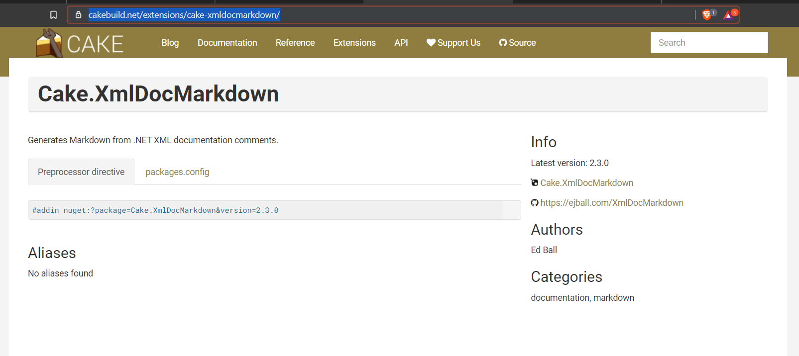 Aliases not shown for Cake.XmlDocMarkdown addin · Issue #1156 · cake-build/website · GitHub
