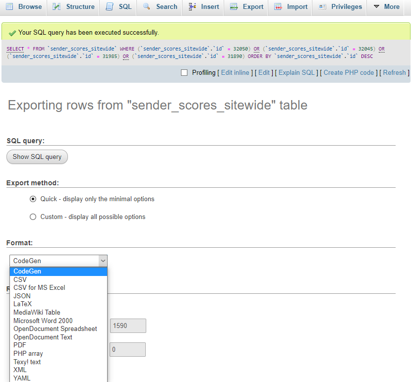 Missing SQL format to export selected lines · Issue #16835 · phpmyadmin/phpmyadmin · GitHub