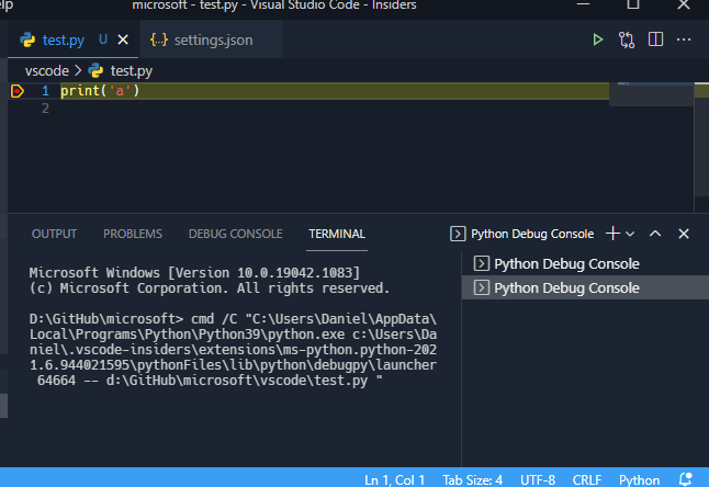 Debugging with integratedTerminal ignores defaultProfile · Issue #125918 · microsoft/vscode · GitHub