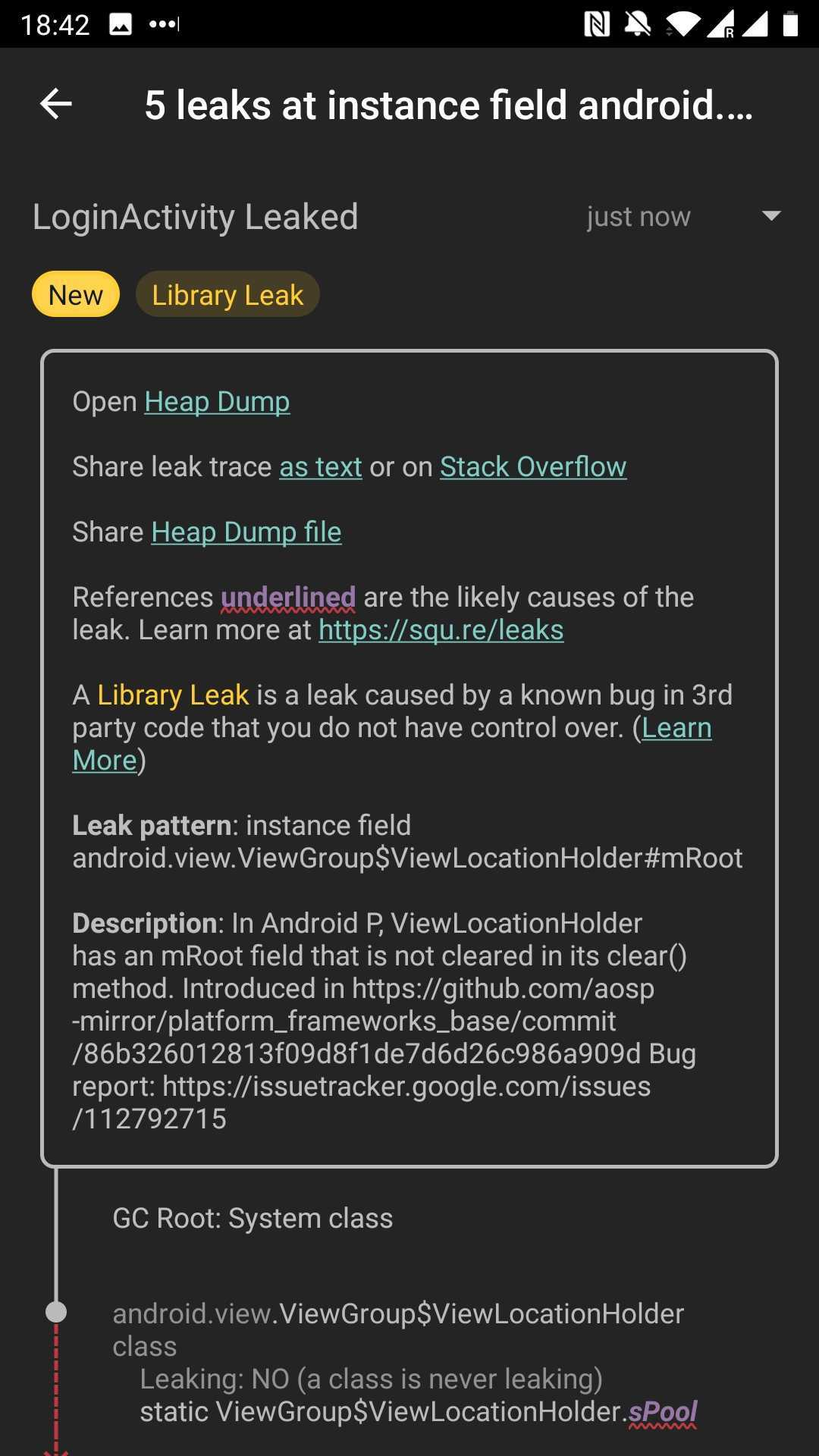 Clickable links in Library Leak descriptions · Issue #1844 · square/leakcanary · GitHub