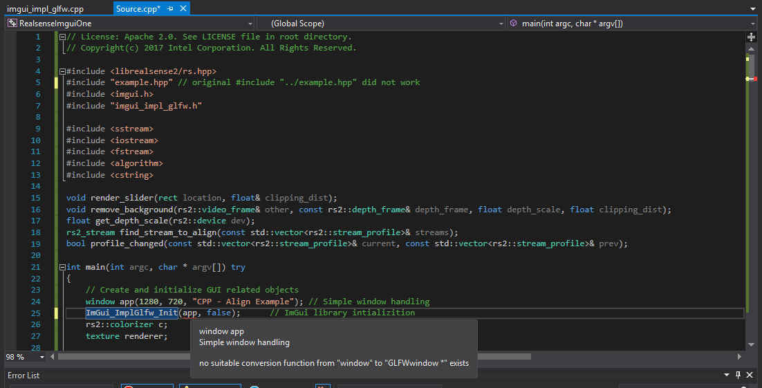 Compilation Error: rs-align example on VS2017 · Issue #2486 · IntelRealSense/librealsense · GitHub