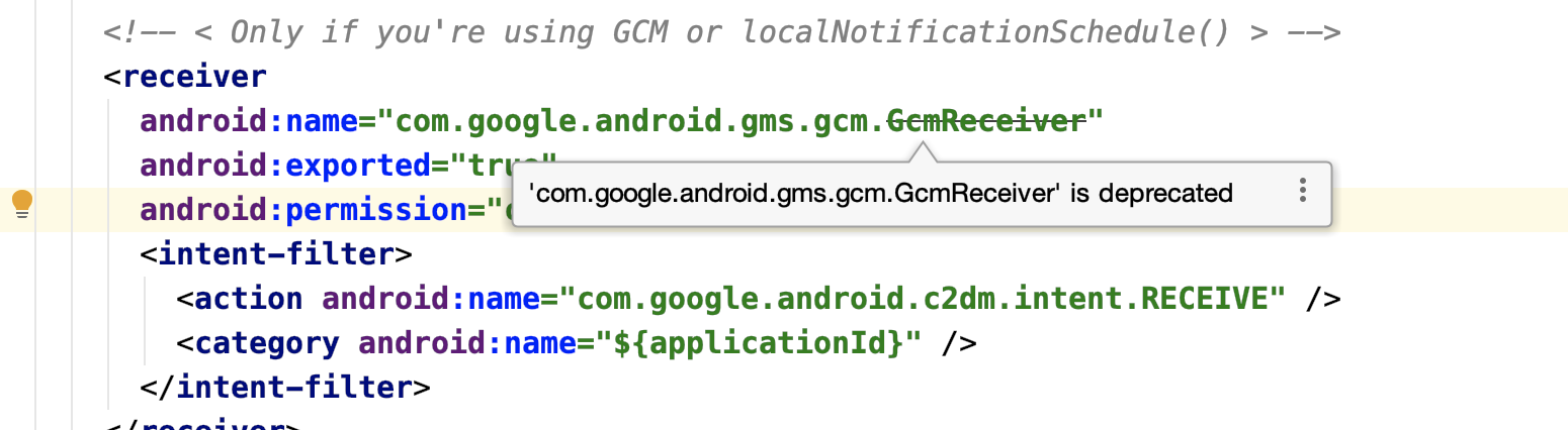 Unresolved class 'GcmReceiver' · Issue #1136 · zo0r/react-native-push-notification · GitHub