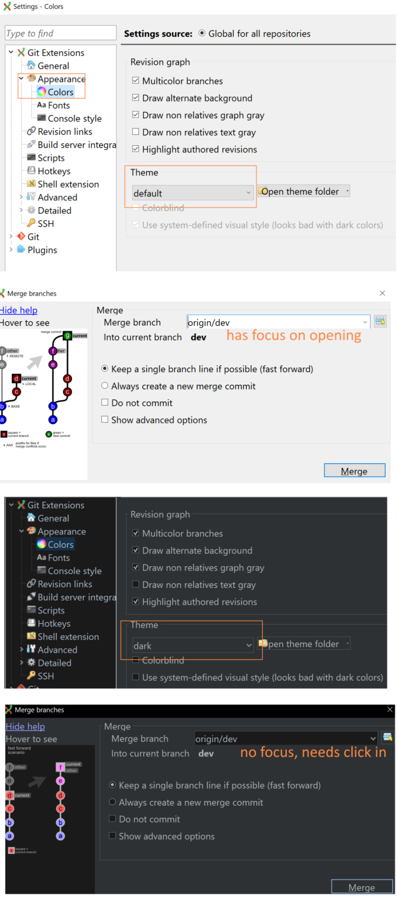 In dark themes, focus is behaving differently (no focus on text input in merge window) · Issue ...