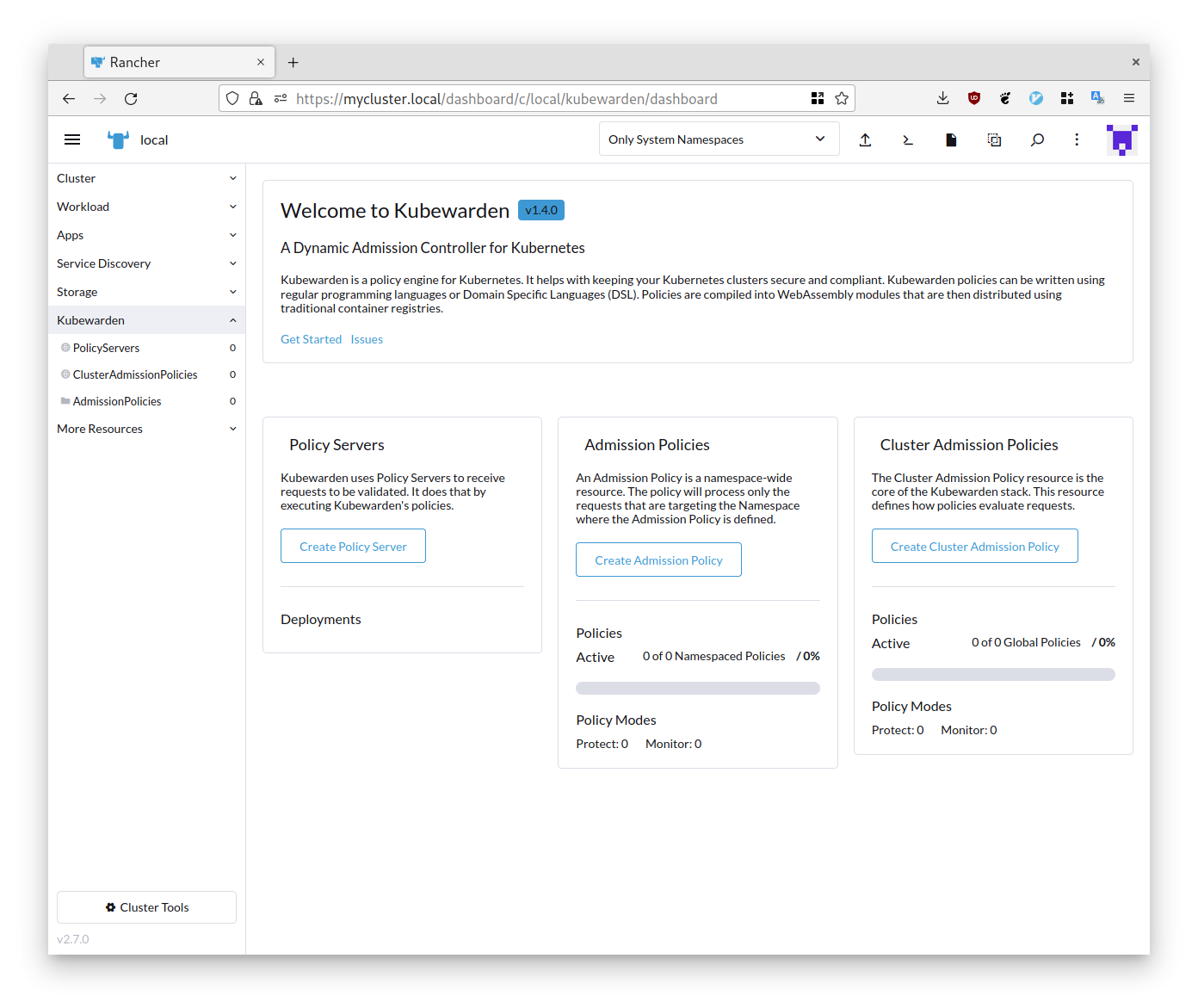 Feature request: Show "Install Default PolicyServer" button also under kubewarden/dashboard ...