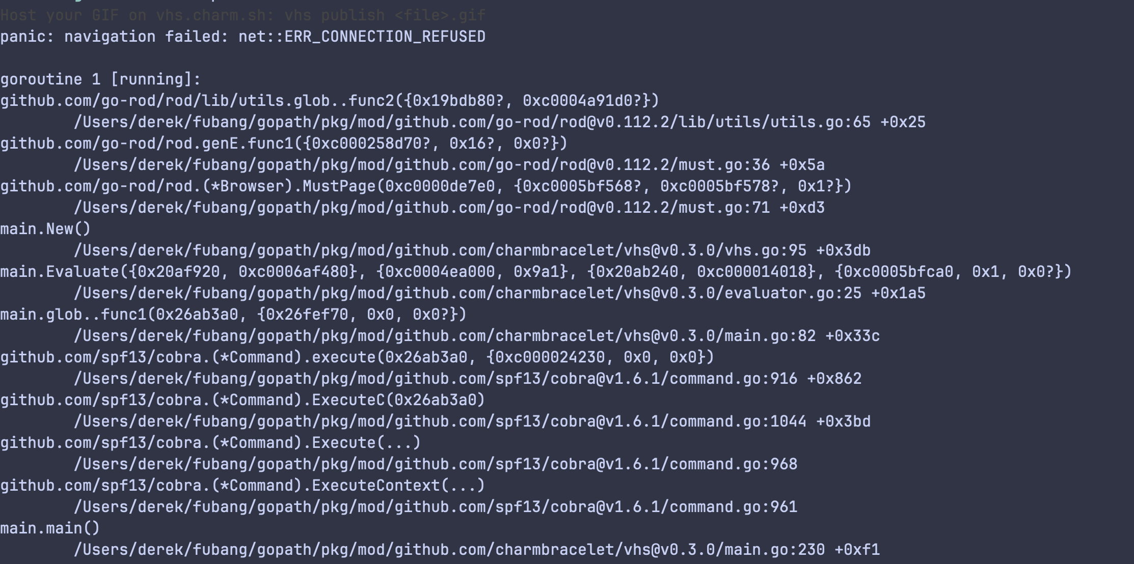 panic: navigation failed: net::ERR_CONNECTION_REFUSED · Issue #233 · charmbracelet/vhs · GitHub