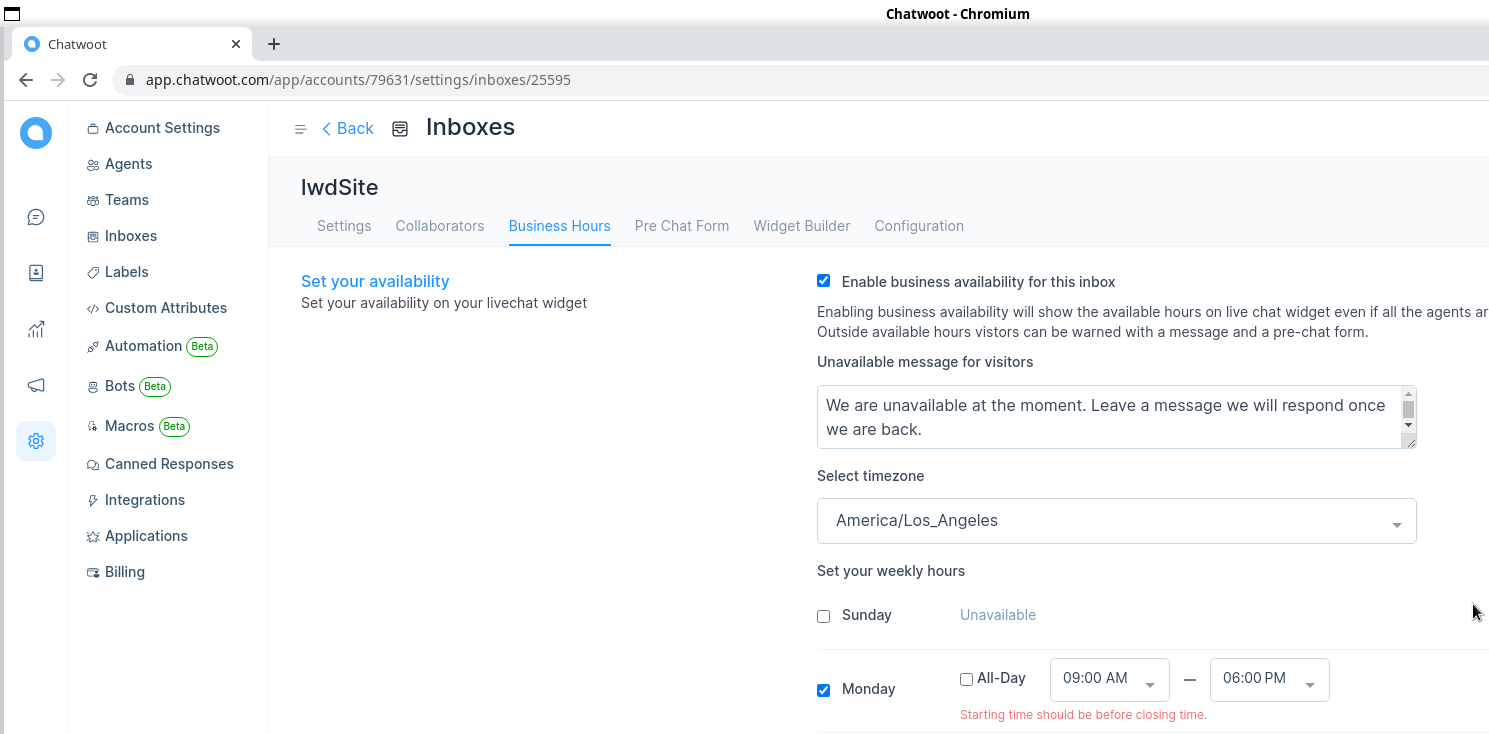 NoMethodError raised when setting for inbox business availability time · Issue #6441 · chatwoot ...