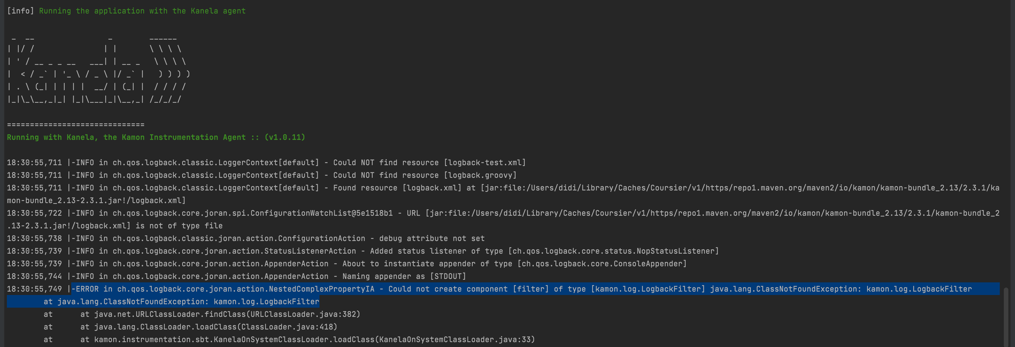 Error java.lang.ClassNotFoundException: kamon.log.LogbackFilter for kamon 2.3.1 with play and ...