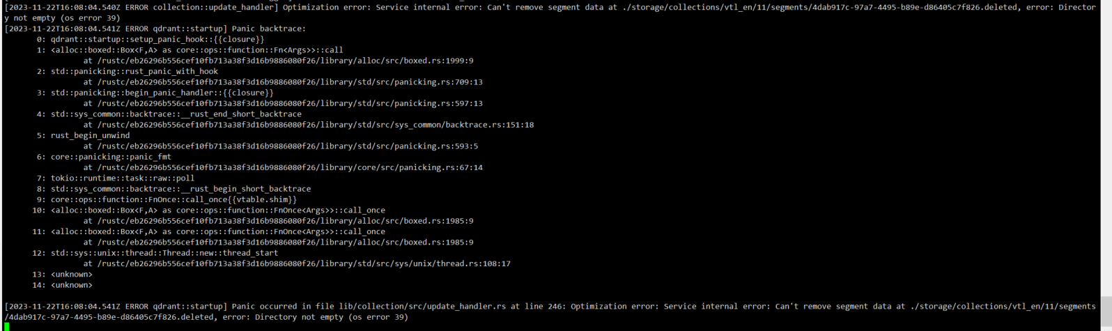 Service internal error: Can't remove segment · Issue #3080 · qdrant/qdrant · GitHub