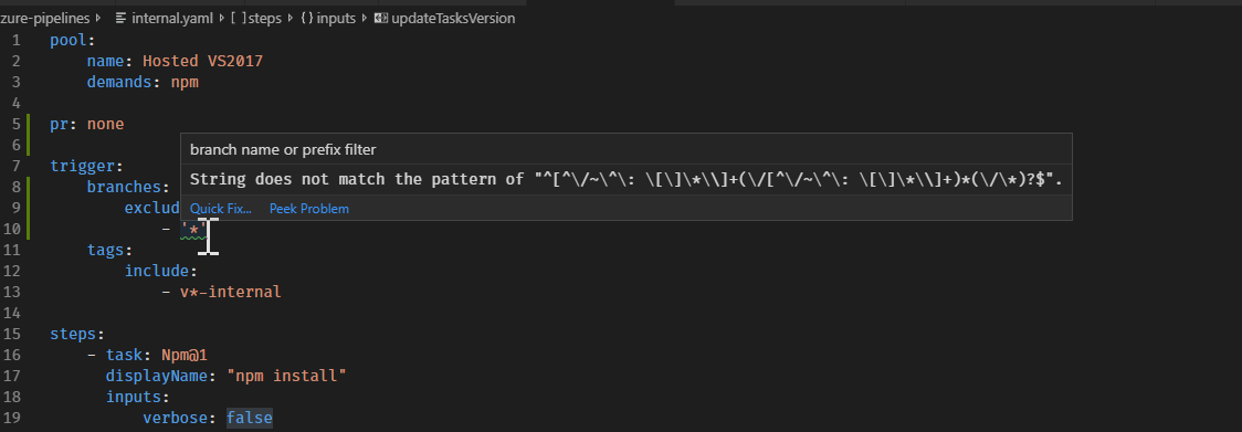 Wildcard branch filters fail validation · Issue #196 · microsoft/azure-pipelines-vscode · GitHub