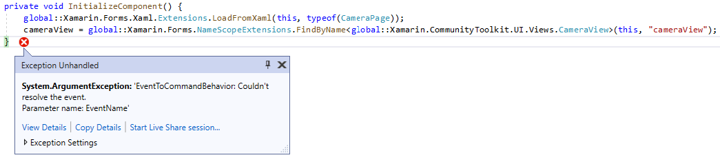 CameraView issue - EventToCommandBehavior: Couldn't resolve the event · Issue #1443 · xamarin ...