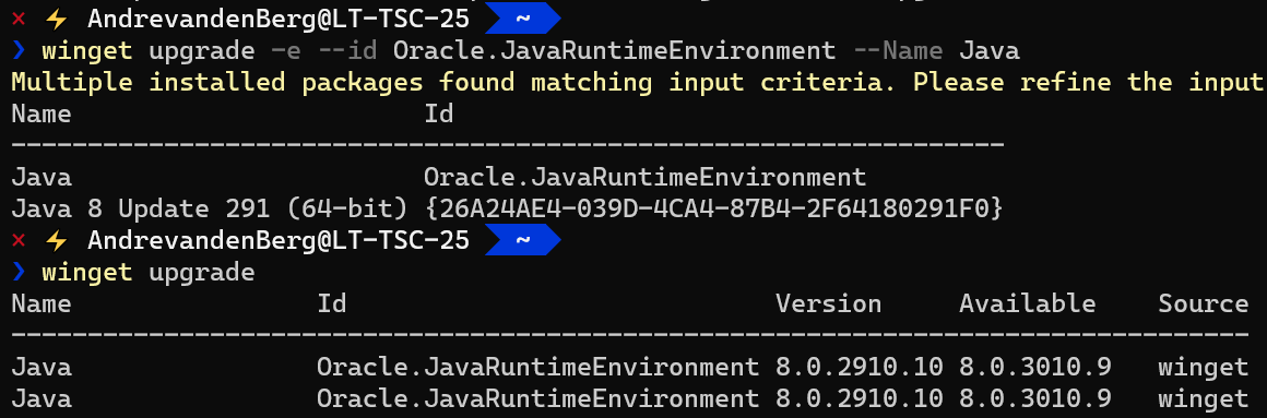 `winget upgrade --exact Microsoft.Teams`: Multiple installed packages found matching input ...