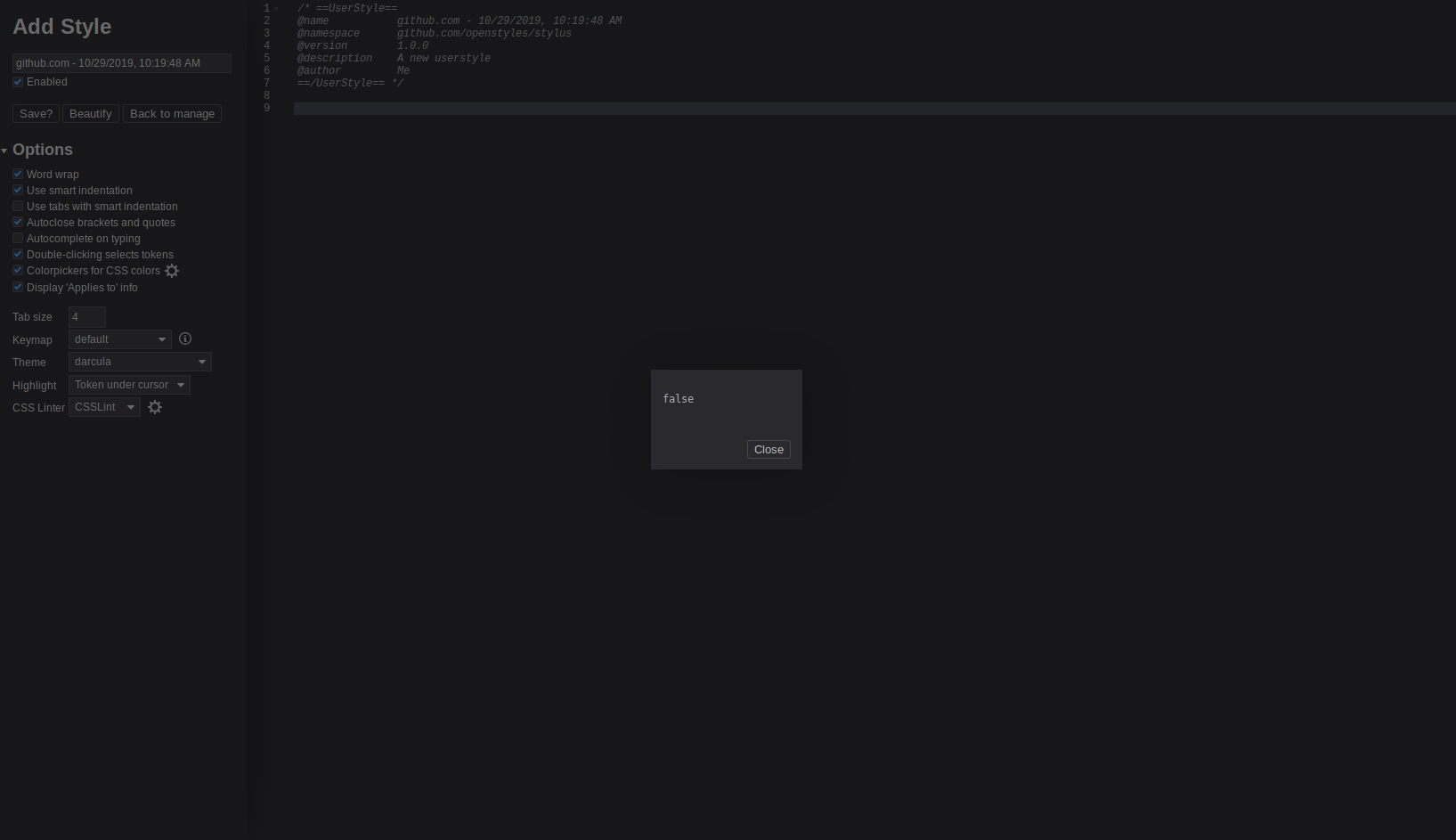 Trying To Save An Empty Usercss Style Shows False As The Error Message · Issue 795