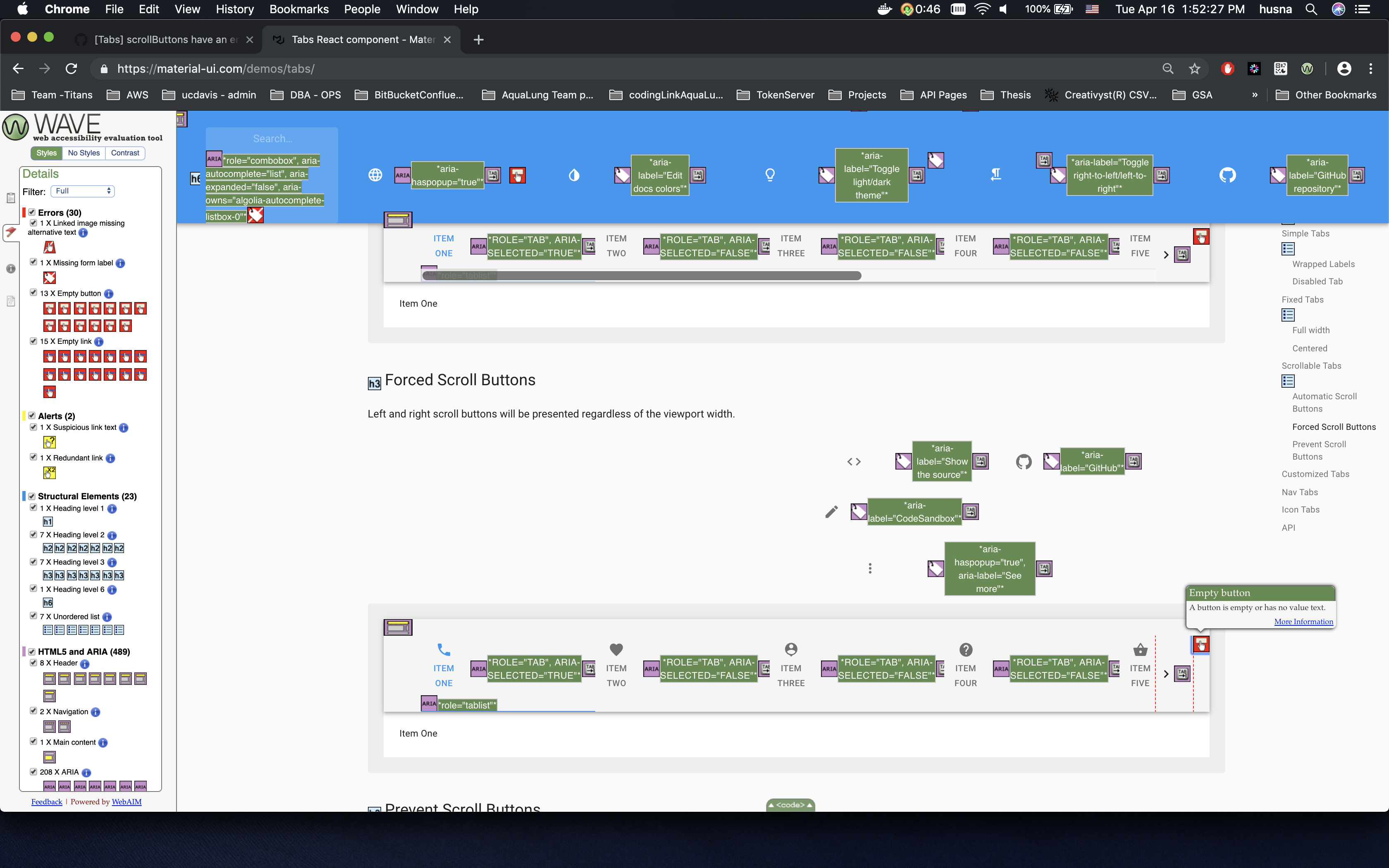[Tabs] scrollButtons have an empty button error in compliance tools ...