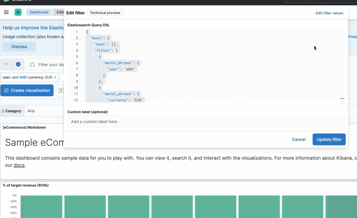 Kibana Lens Toggle Between Query Dsl And Filter View When Copying The Query Dsl To A