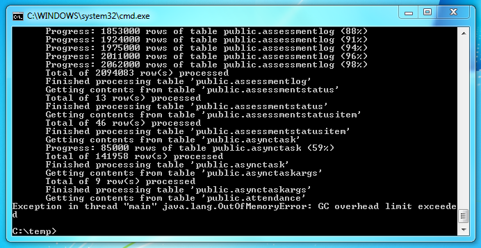 Huge table makes application (or JavaVM?) run out of Java heap space · Issue #318 · keeps/dbptk ...