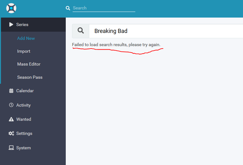 Failed to load search results, please try again. · Issue #3075 · Sonarr/Sonarr · GitHub