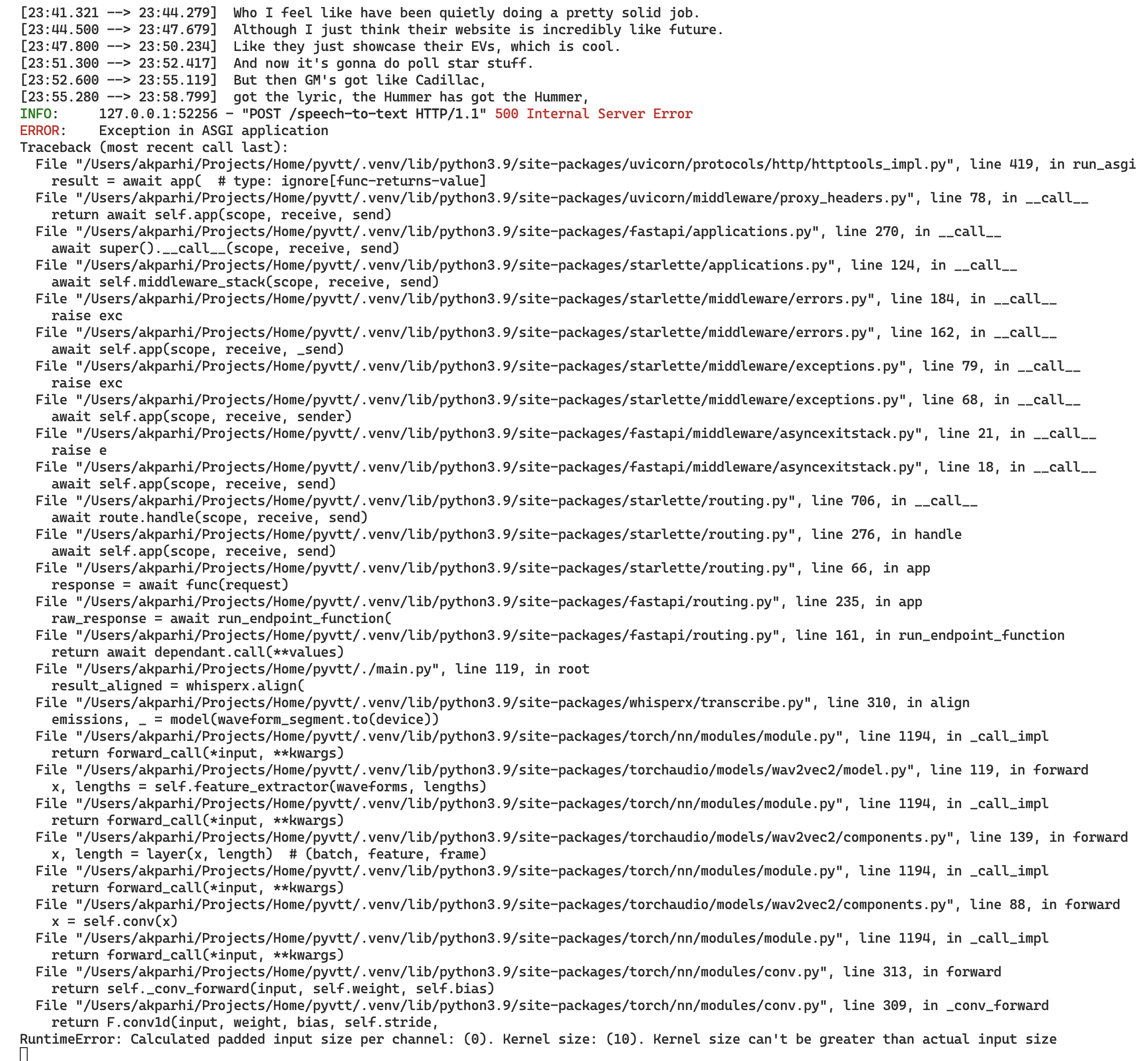Torch: Kernel size can't be greater than actual input size · Issue #14 · m-bain/whisperX · GitHub
