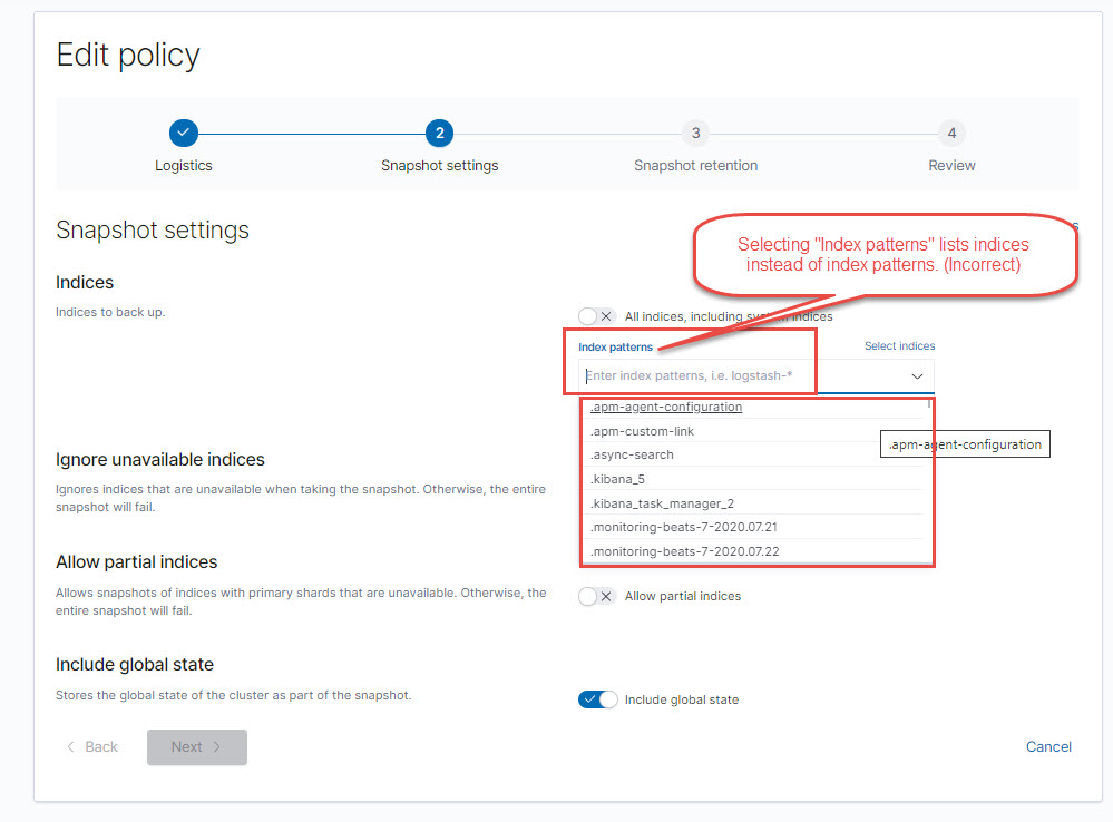 Snapshot And Restore Incorrectly Displays Indices Instead Of Index Patterns · Issue 73365 