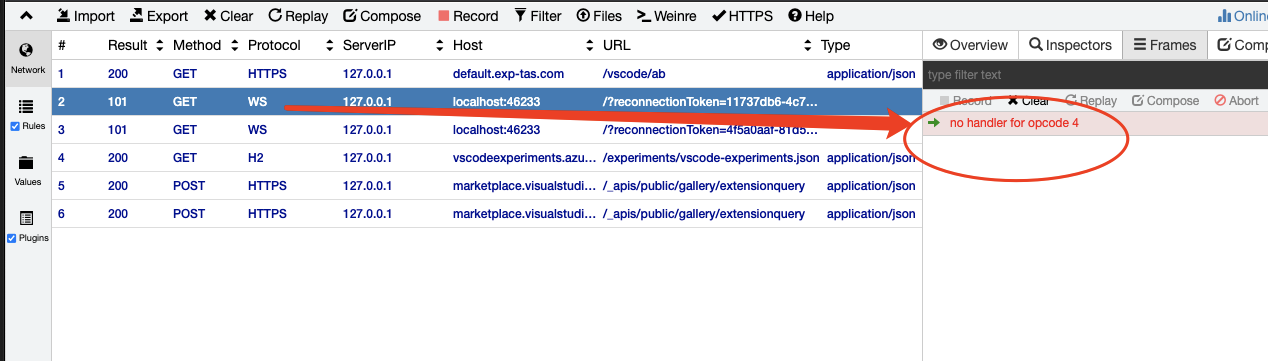 WebSocket 抓包 opcode=4 时显示 no handler for opcode 4 且不显示每个 message · Issue #483 · avwo/whistle ...