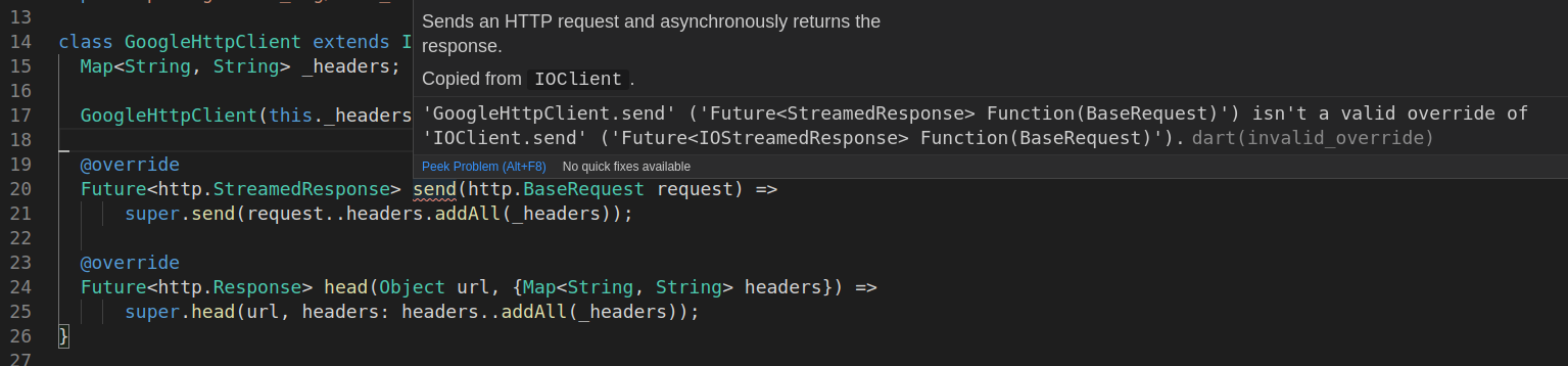 'GoogleHttpClient.send' ('Future Function(BaseRequest)') isn't a valid override of 'IOClient ...