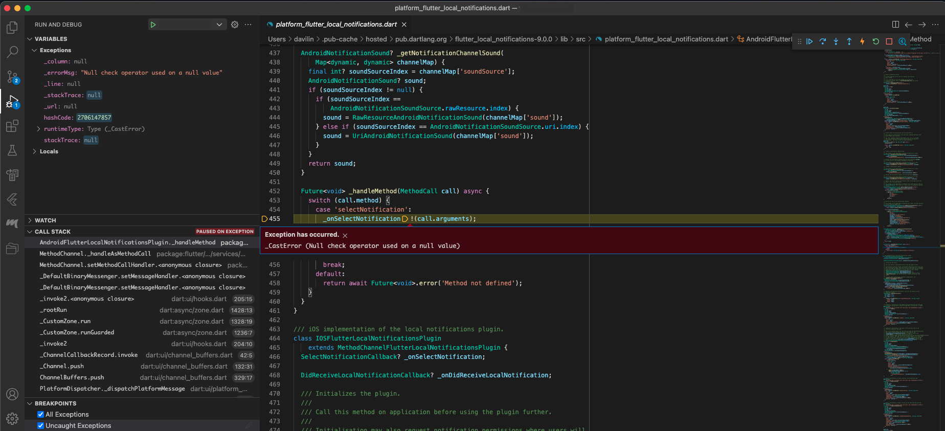 Exception thrown on notification tap: Null check operator used on a ...