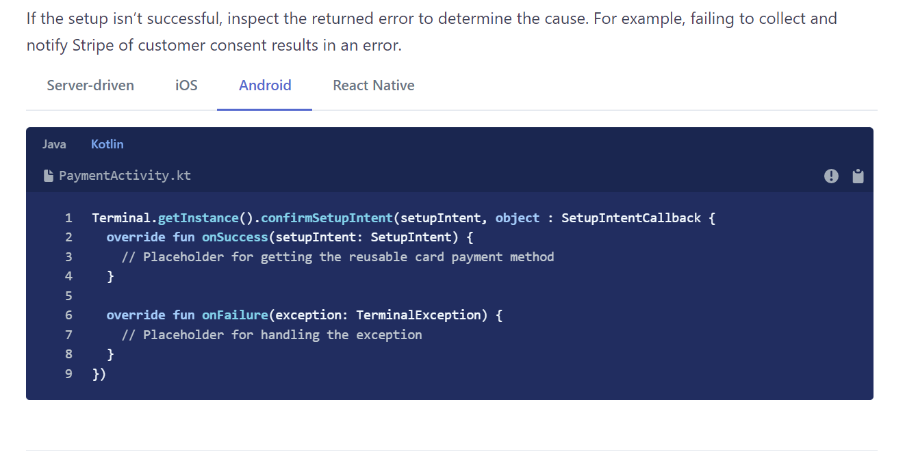 How to use generated setupIntent object? · Issue #284 · stripe/stripe-terminal-android · GitHub