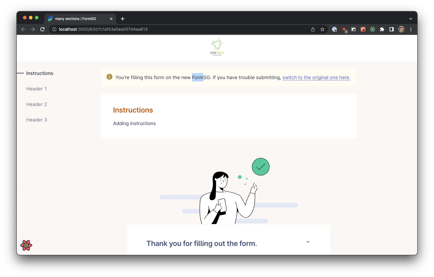[React] Submission success page should not show sections and instructions · Issue #4453 ...