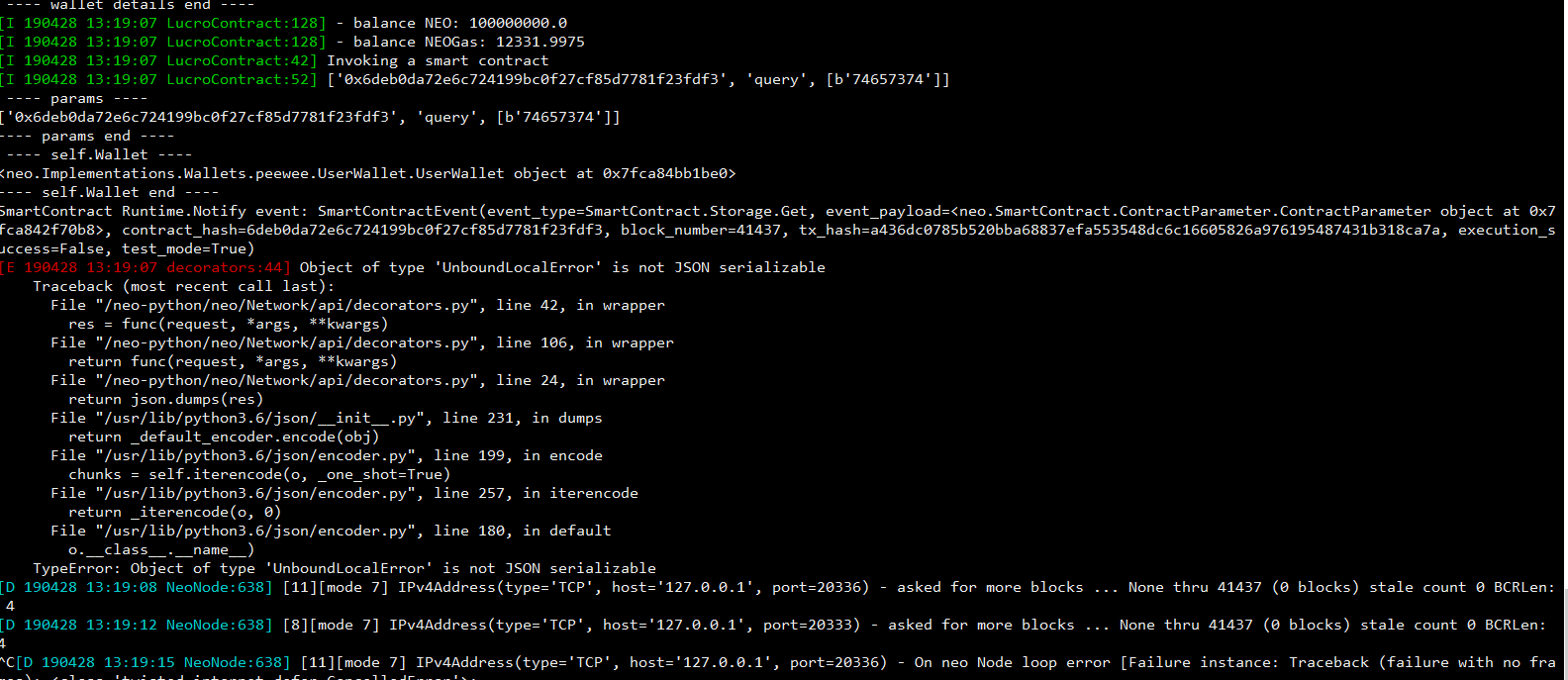 Exception when trying to run the TestInvokeContract from python code ...
