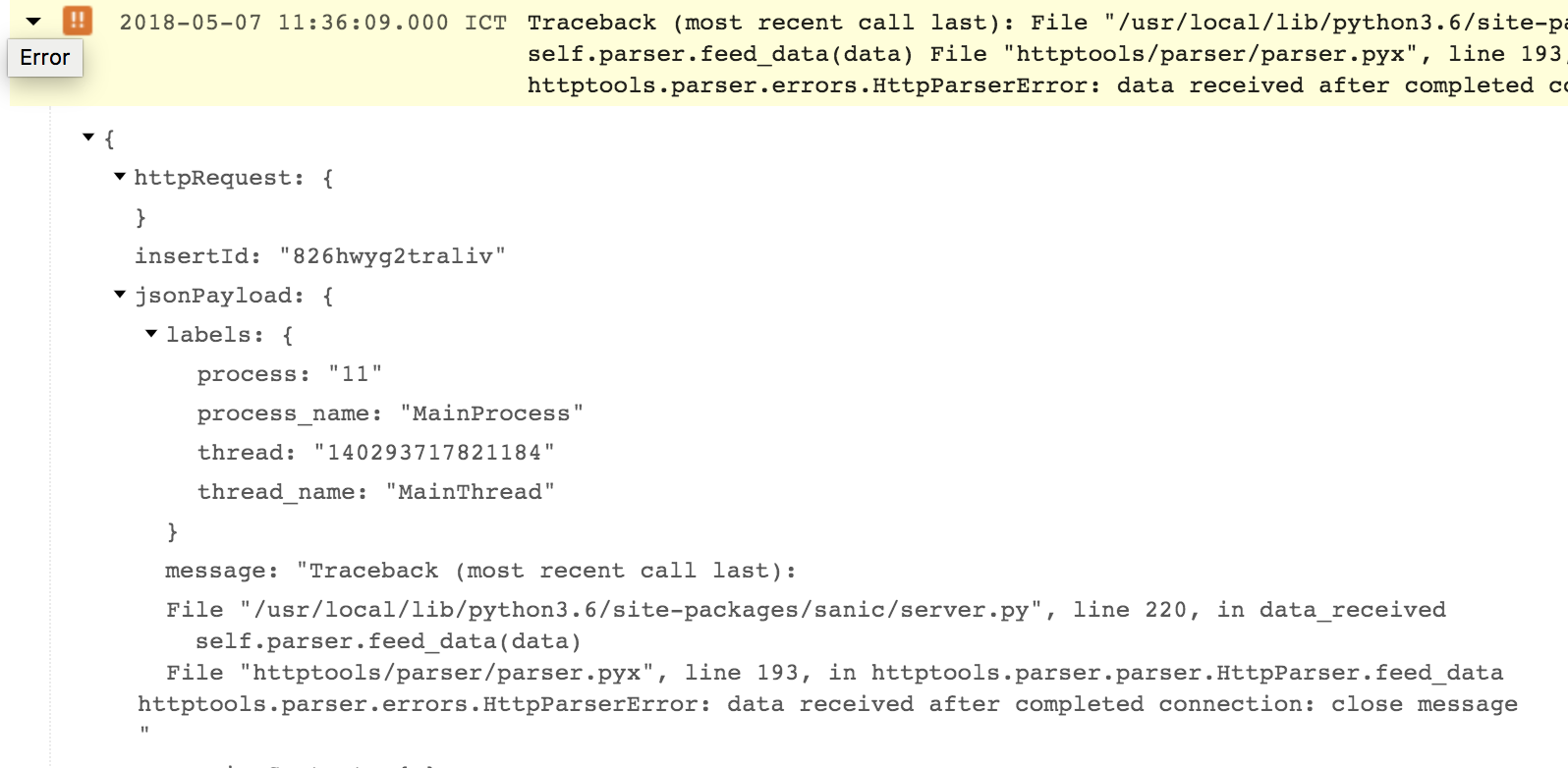 Exception Data Received After Completed Connection Close Message · Issue 1215 · Sanic Org