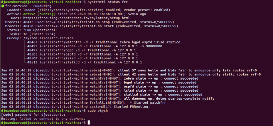 vtysh Exiting: failed to connect to any daemons. · Issue #1708 · FRRouting/frr · GitHub