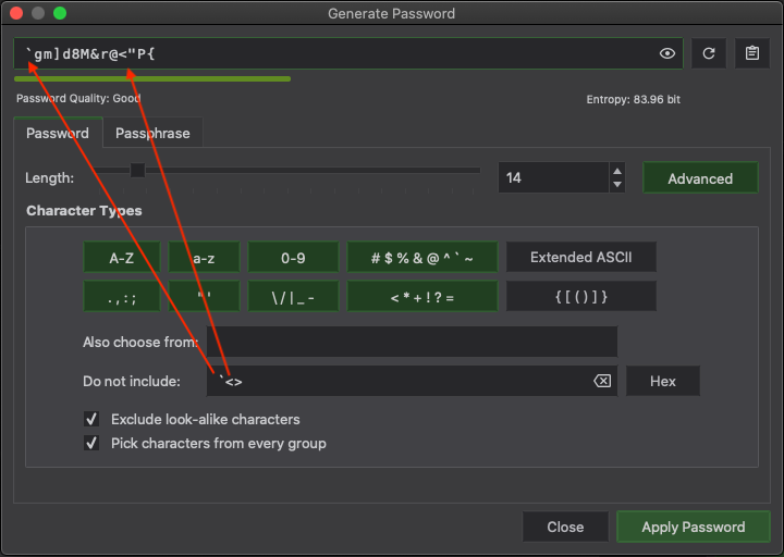 KeepassXC Generate Password tool does not respect the "Do not include" character list. · Issue ...