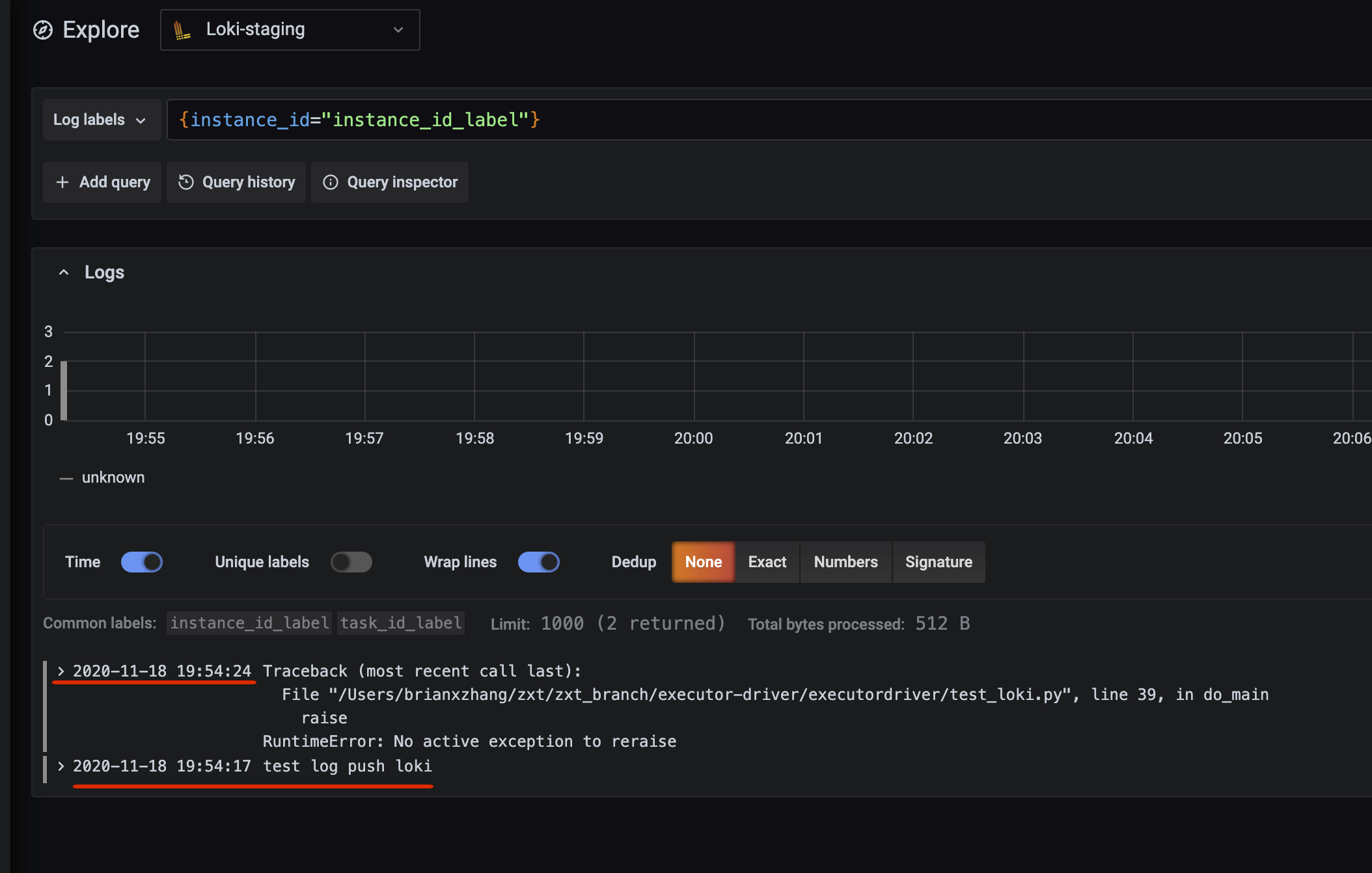 Call Loki's /loki/api/v1/push interface to push multiple logs, when querying, always display ...