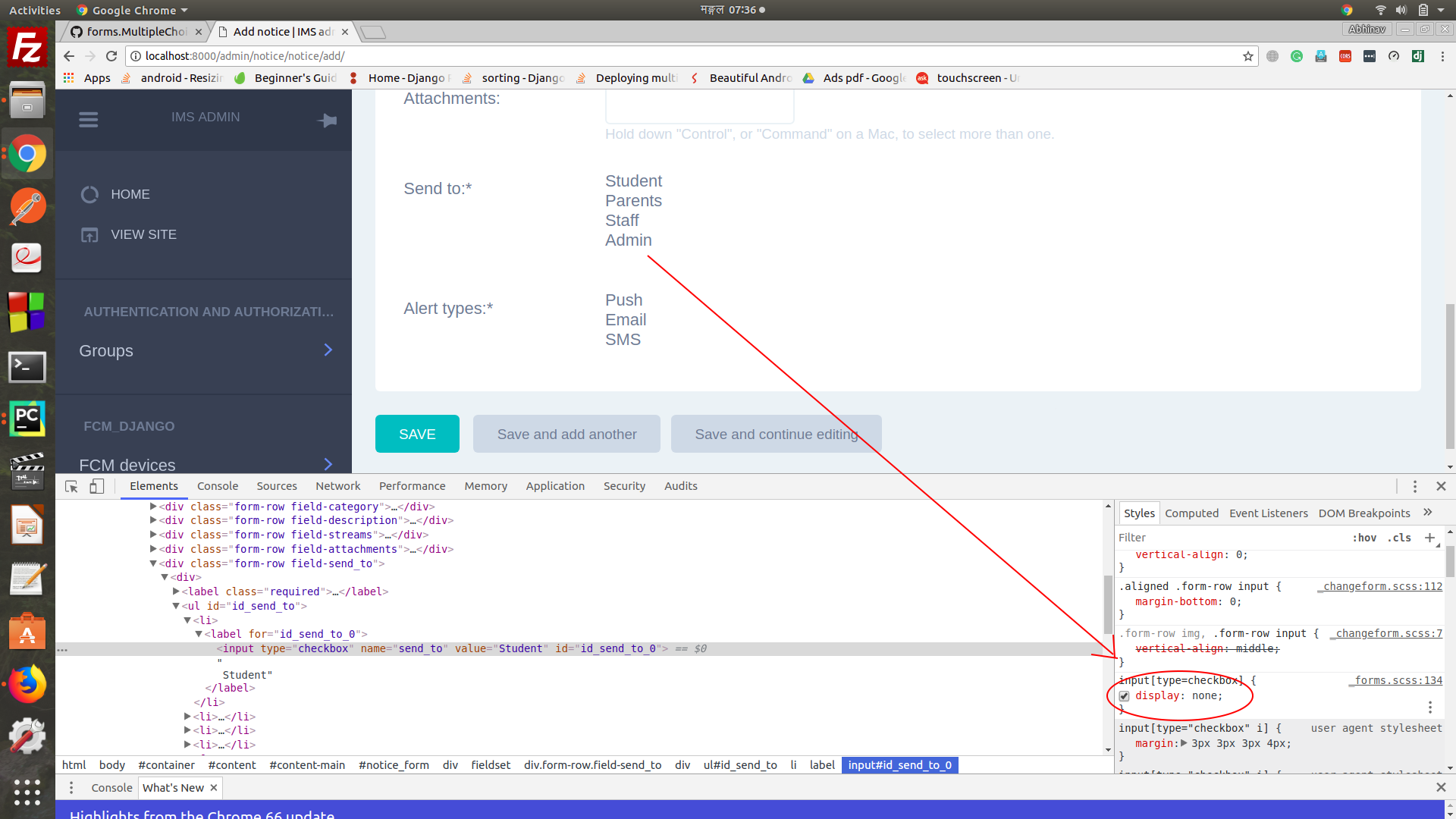forms.MultipleChoiceField doesn't work as it does in default admin site ...