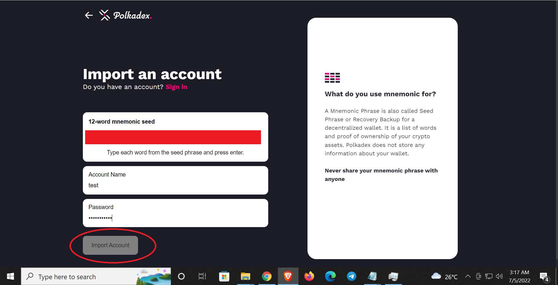 Unable to import wallet · Issue #48 · Polkadex-Substrate/Polkadex-Open-Beta · GitHub