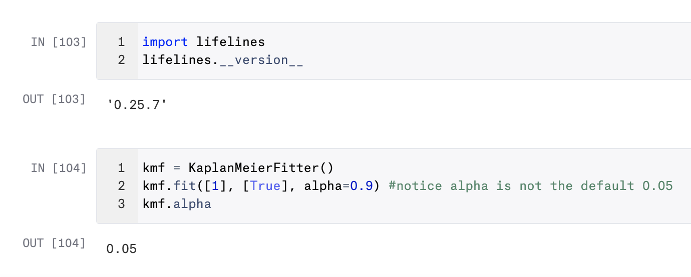 alpha property of KaplanMeierFitter object does not reflect value passed at initialization ...