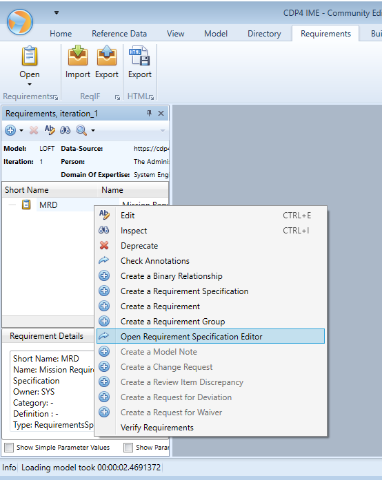 It is no longer possible to open the requirements specification editor ...