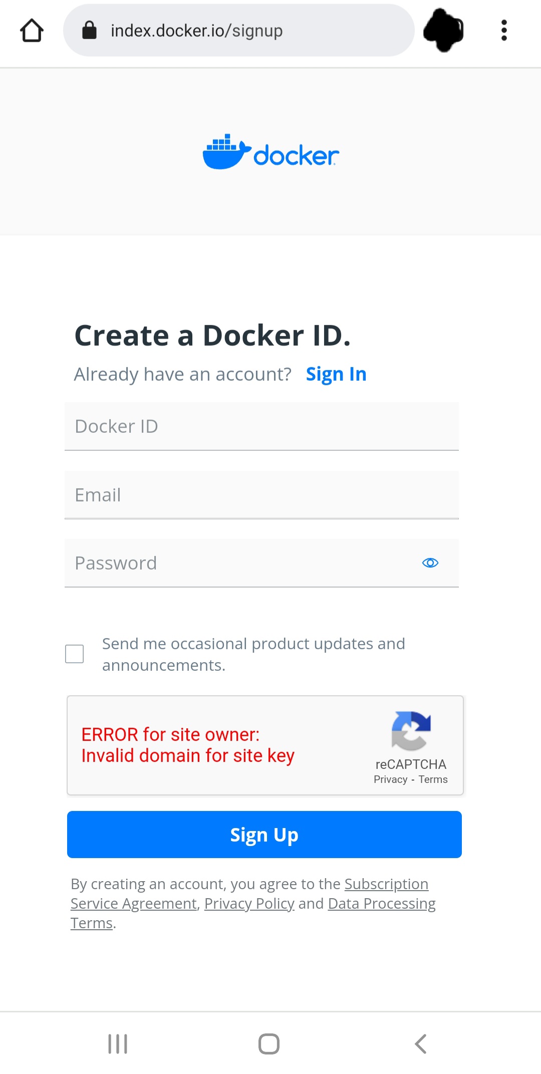 Docker new account sing up/register "reCAPTCHA is required" problem ...