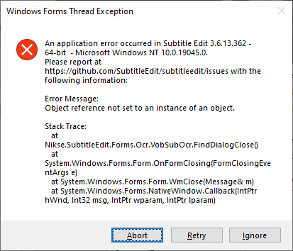 Error message when trying to close the Find window when the “Import/OCR Blu-ray” window is open ...