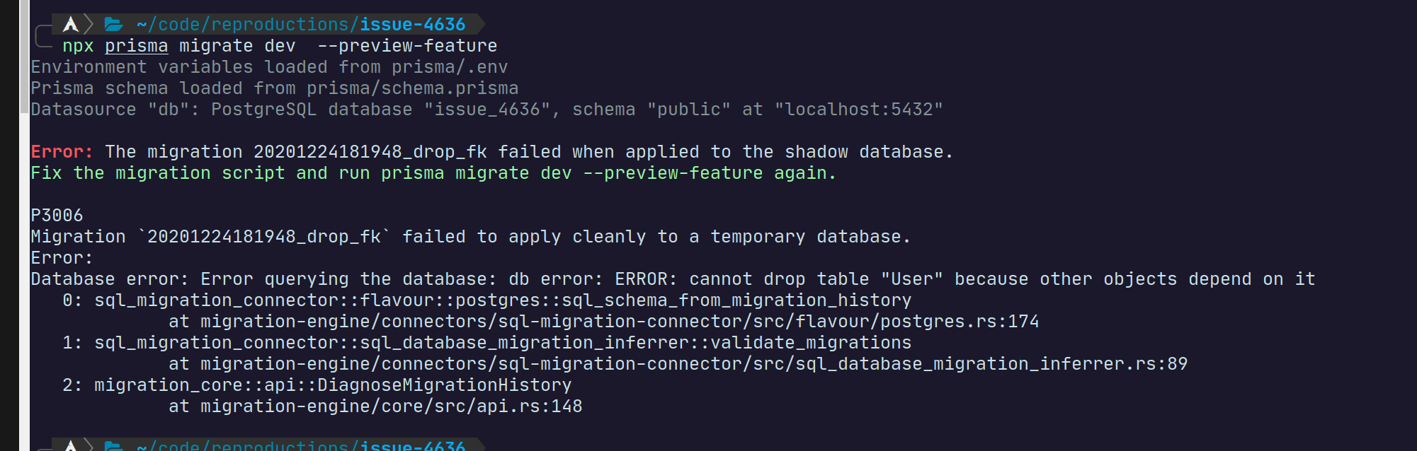 Manually dropping a table which is referenced in foreign key makes Prisma Migrate Crash · Issue ...