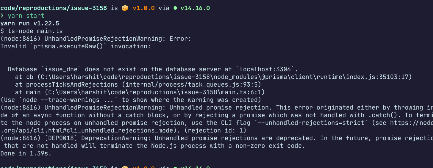 Running executeRaw on a non-existant database returns a cryptic error message · Issue #3158 ...