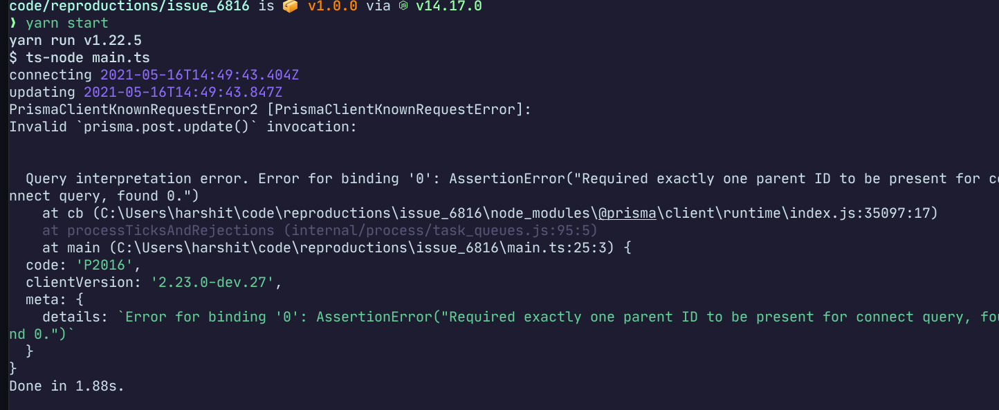 PANIC in query-engine\connectors\mongodb-query-connector\src\queries\write.rs:219:74called ...