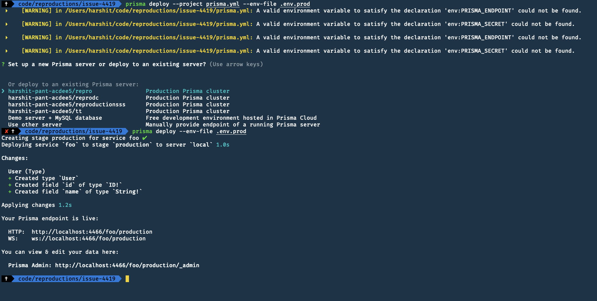 prisma deploy doesn't respect -e / --env-file option when used with -p / --project option ...
