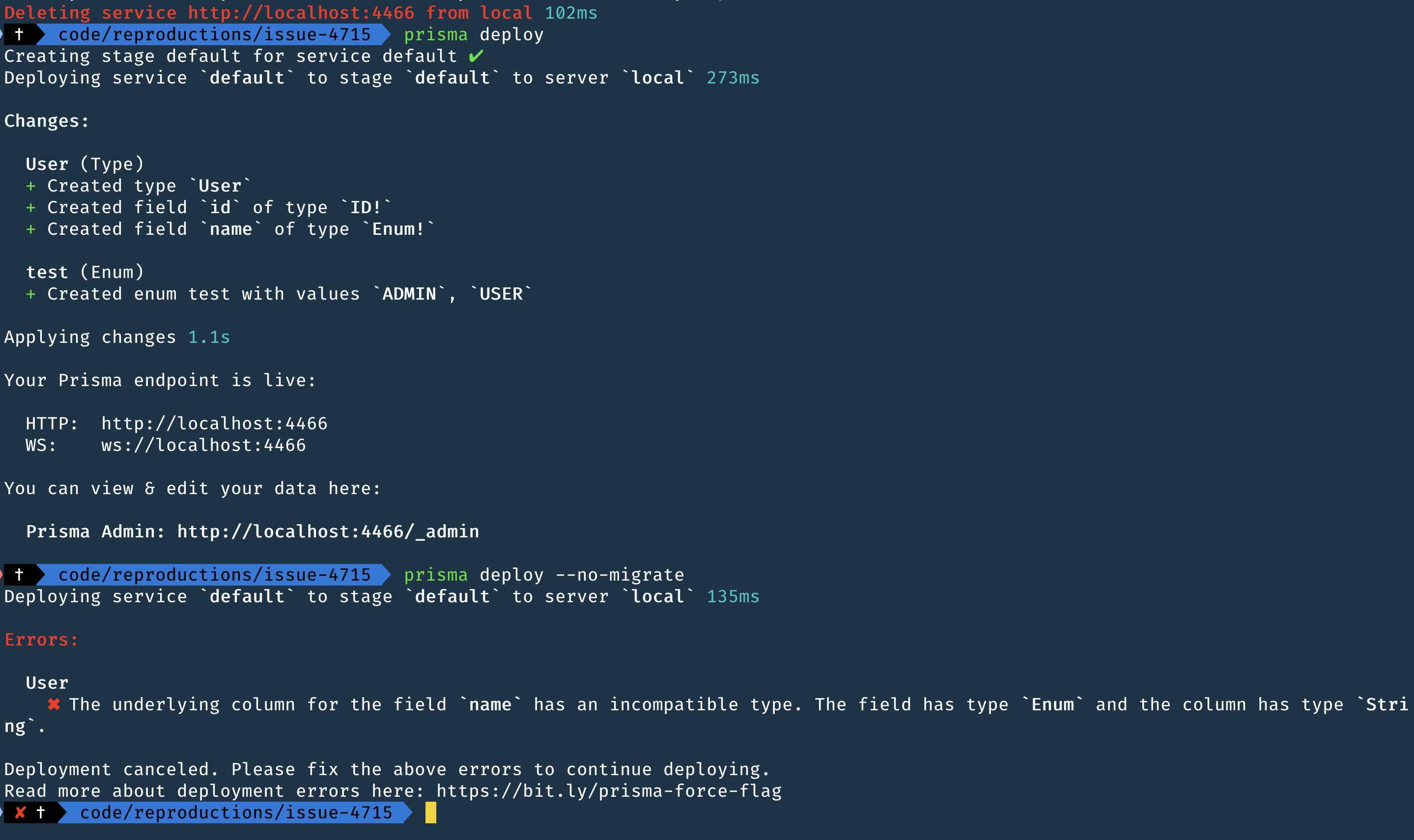 Prisma in unable handle enums when no migrations is enabled · Issue #4715 · prisma/prisma1 · GitHub